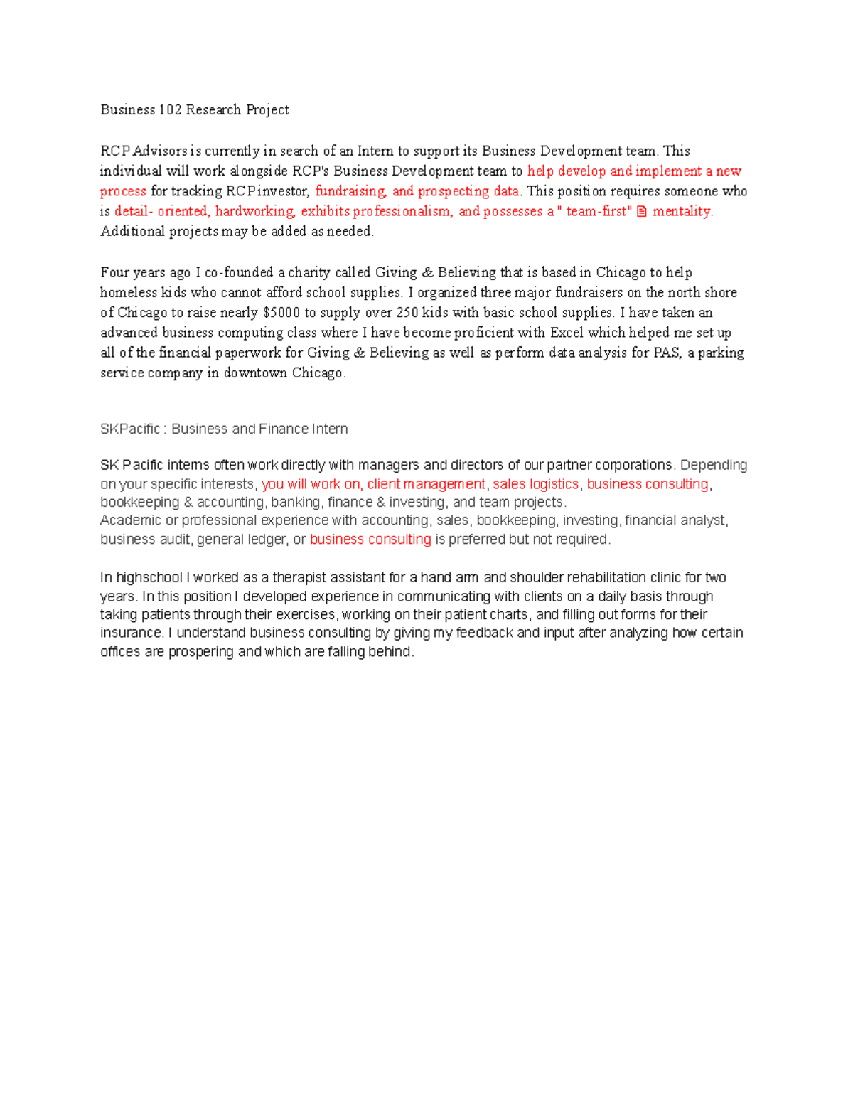 BUS 102 In Class Writing - Business 102 Research Project RCP Advisors ...