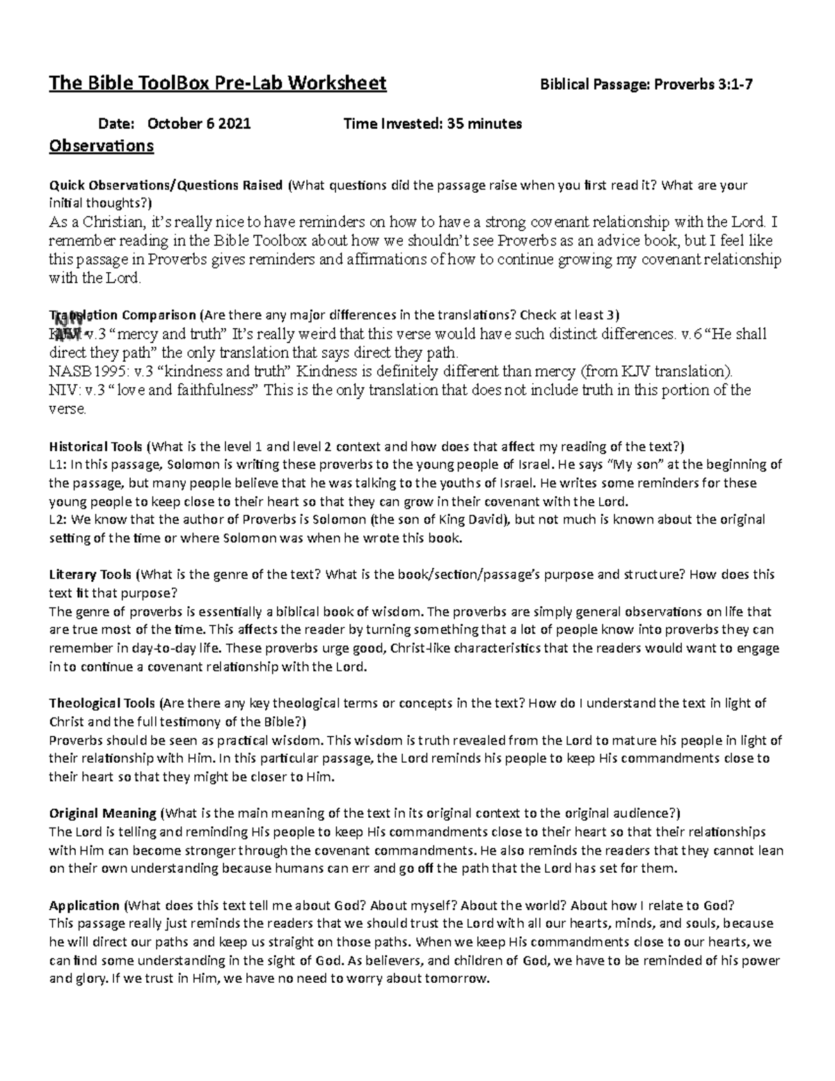 Exegesis Proverbs - The Bible ToolBox Pre-Lab Worksheet Biblical ...