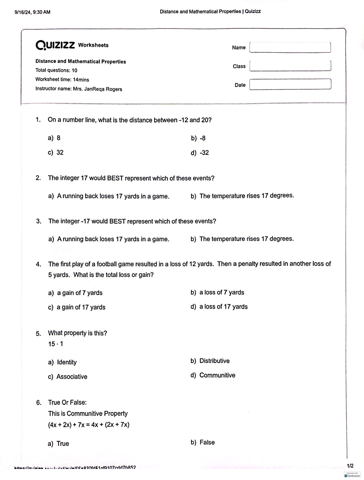 Order of Operations Unit Test 2024-4 - 9:30 AM Distance and ...