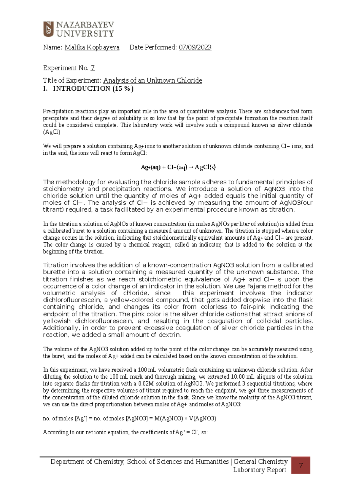 Experiment 7 Laboratory report - Name: Malika Kopbayeva Date Performed ...