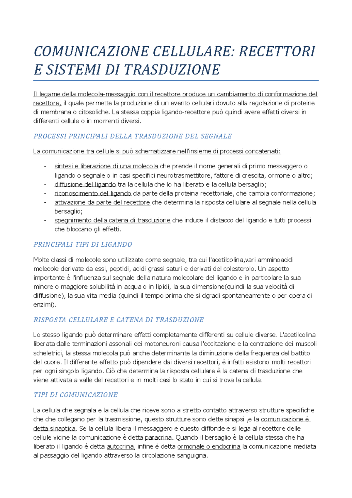 6 Comunicazione Cellulare, Recettori E Sistemi DI Trasduzione ...