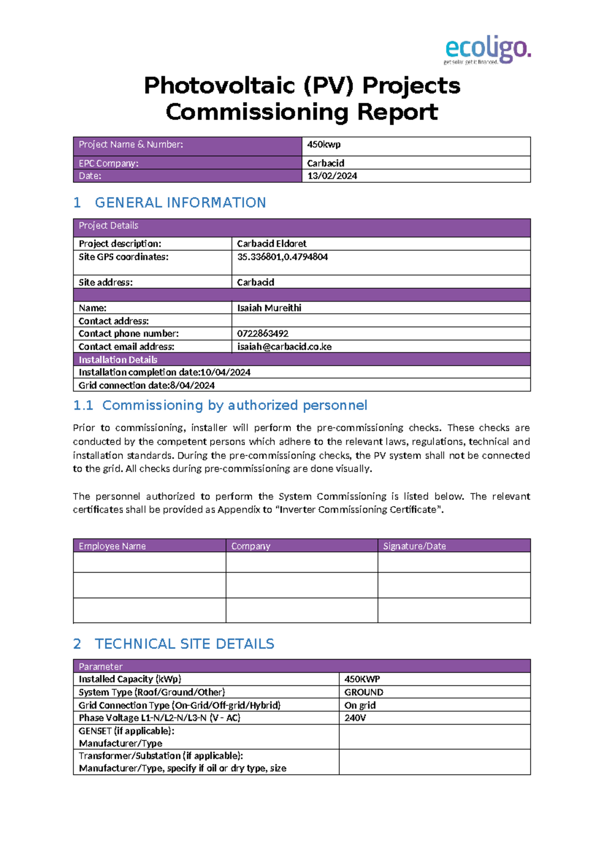 Pre Commissioning Report Carbacid - Photovoltaic (PV) Projects ...