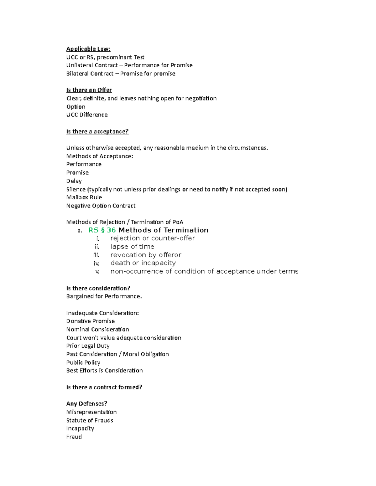 Attack Outline for Contracts - Applicable Law: UCC or RS, predominant ...