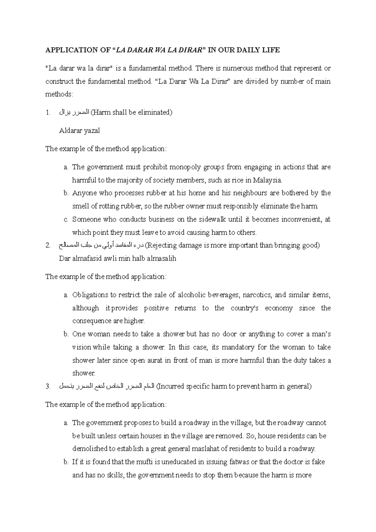“LA Darar WA LA Dirar” - usul fiqh assignment avoid harm - APPLICATION ...