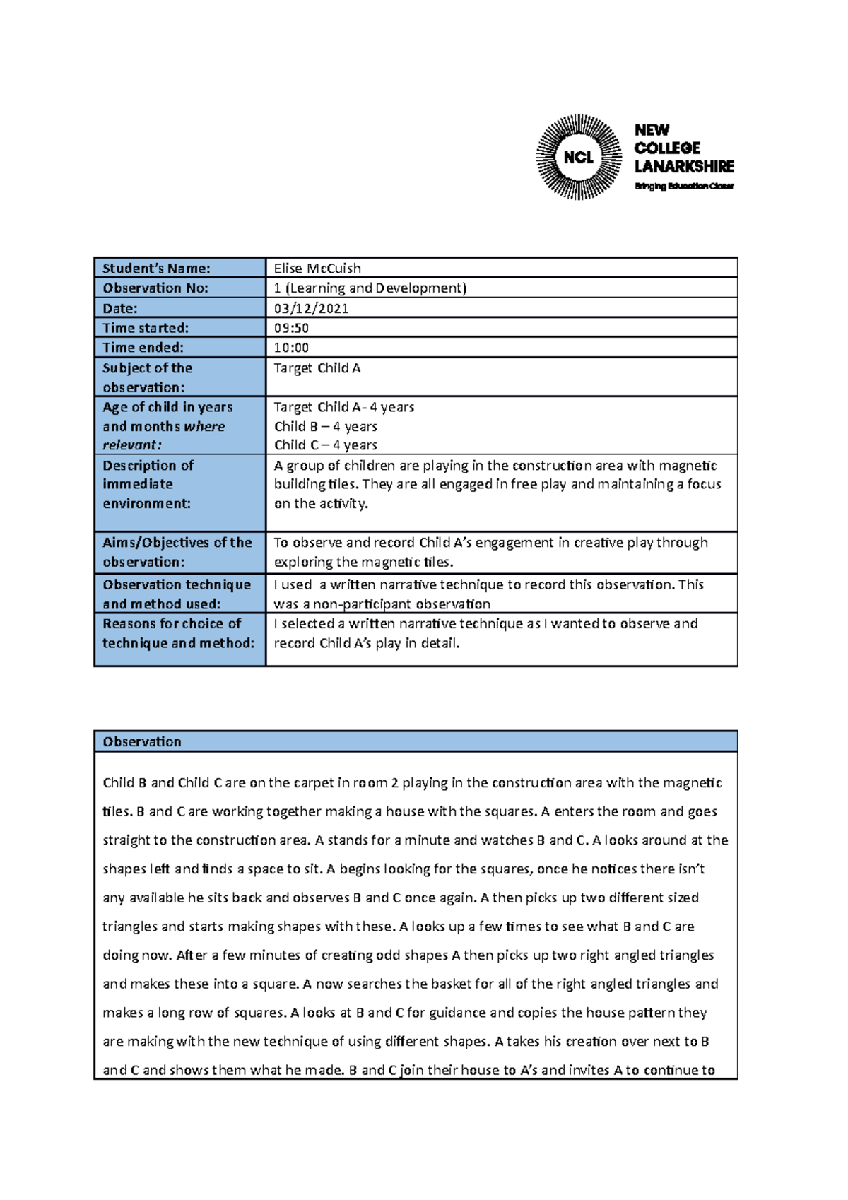 Observation 1 - Child A, Child development observation - Student’s Name ...
