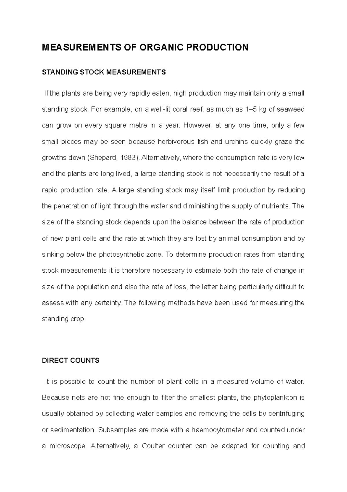 Lecture Notes Measurements OF Organic Production - MEASUREMENTS OF ...