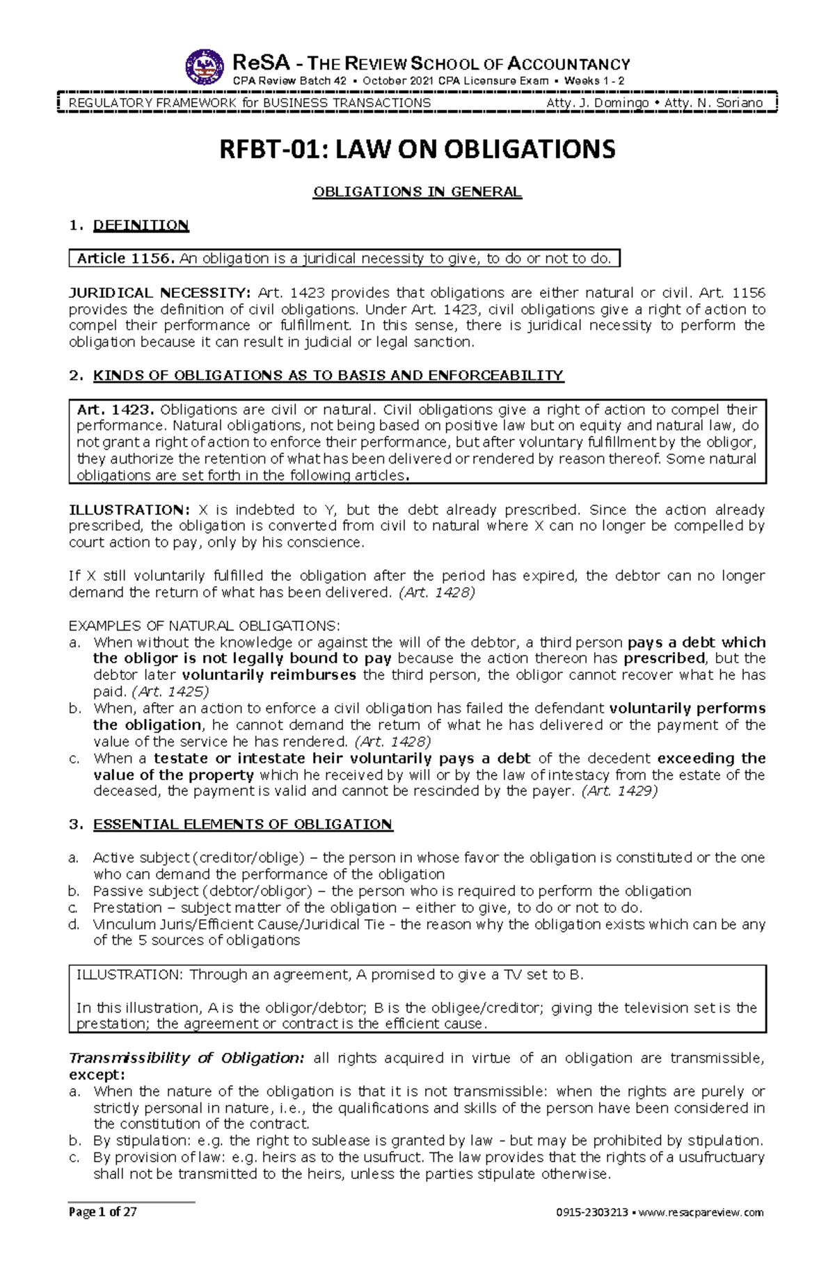 RFBT-01-Obligations - CPA REVIEW - ReSA - THE REVIEW SCHOOL OF ACCOUNTANCY CPA Review Batch 42 ...