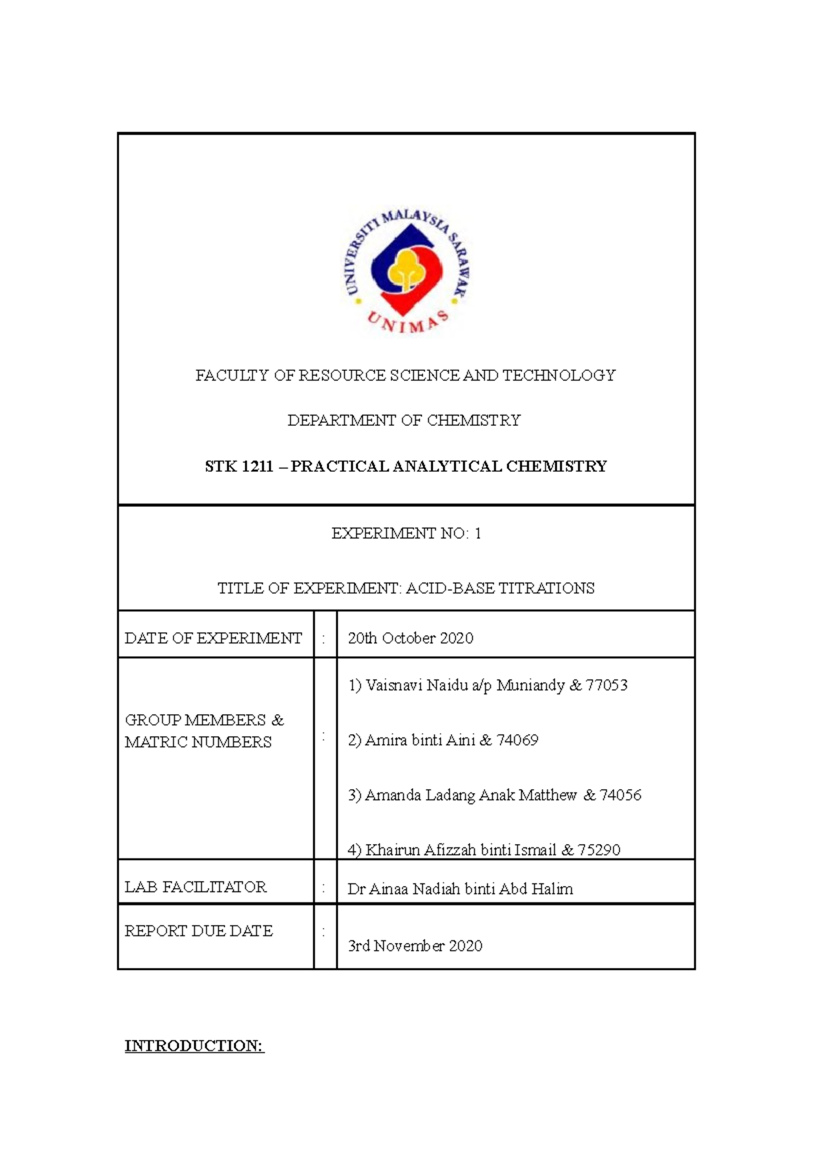 Prac Ana Chem Report 1 - FACULTY OF RESOURCE SCIENCE AND TECHNOLOGY ...
