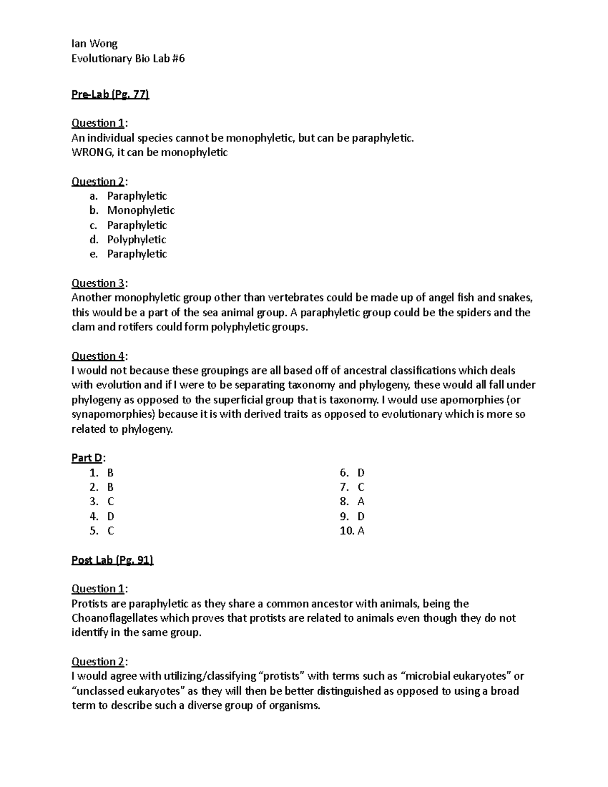 Lab 6 Lab Work Ian Wong Evolutionary Bio Lab Pre Lab Pg 77 Question 1 An Individual