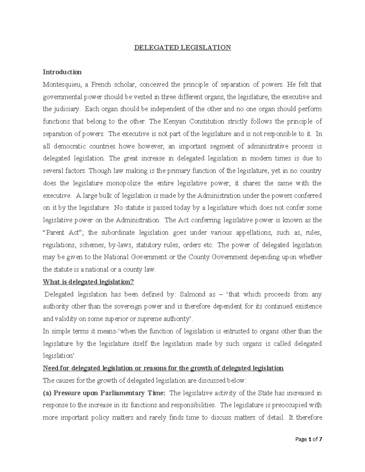 Delegated Legislation - DELEGATED LEGISLATION Introduction Montesquieu ...