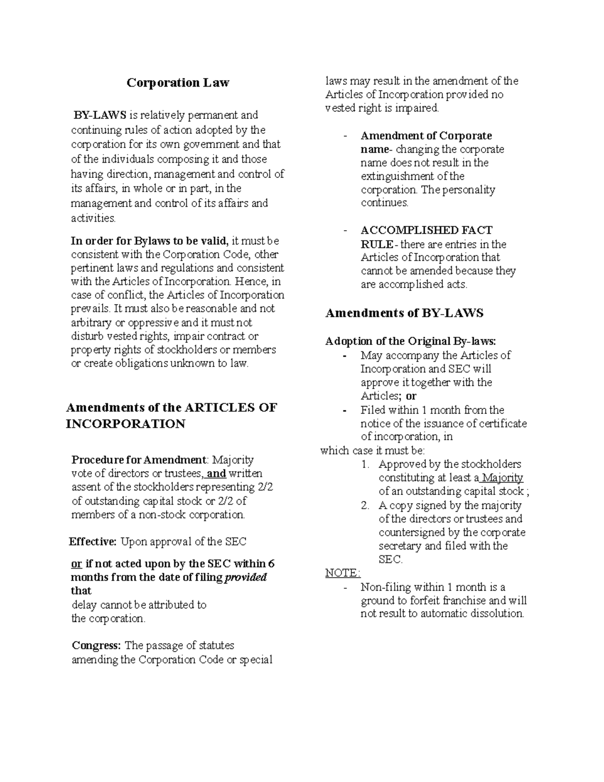 Corporation Law - Corporation Law BY-LAWS is relatively permanent and ...