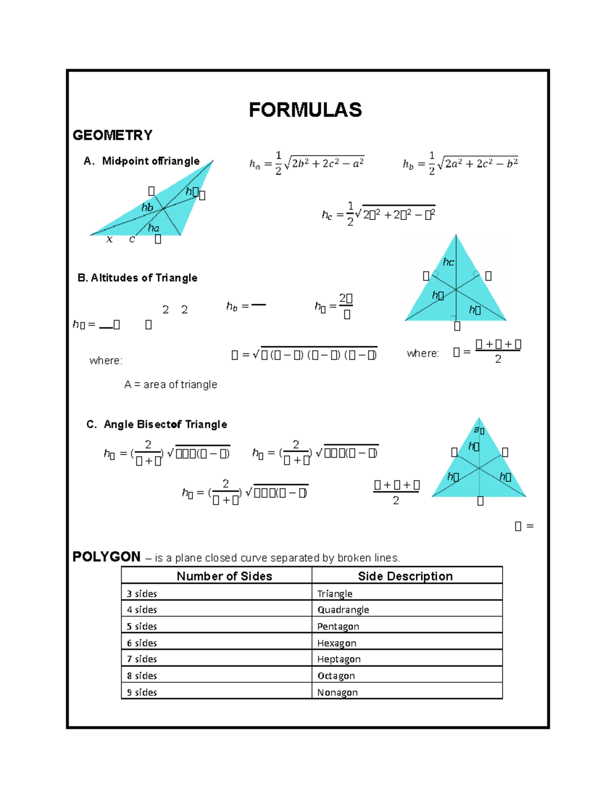 Math for engineers 2 - FORMULAS B. Altitudes of Triangle ...