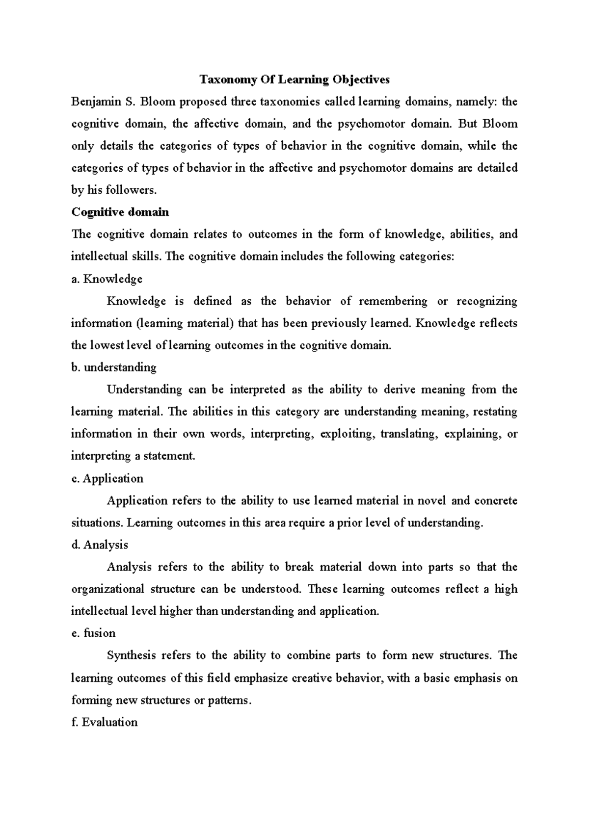 taxonomy of learning objectives cognitive domain - Taxonomy Of Learning ...