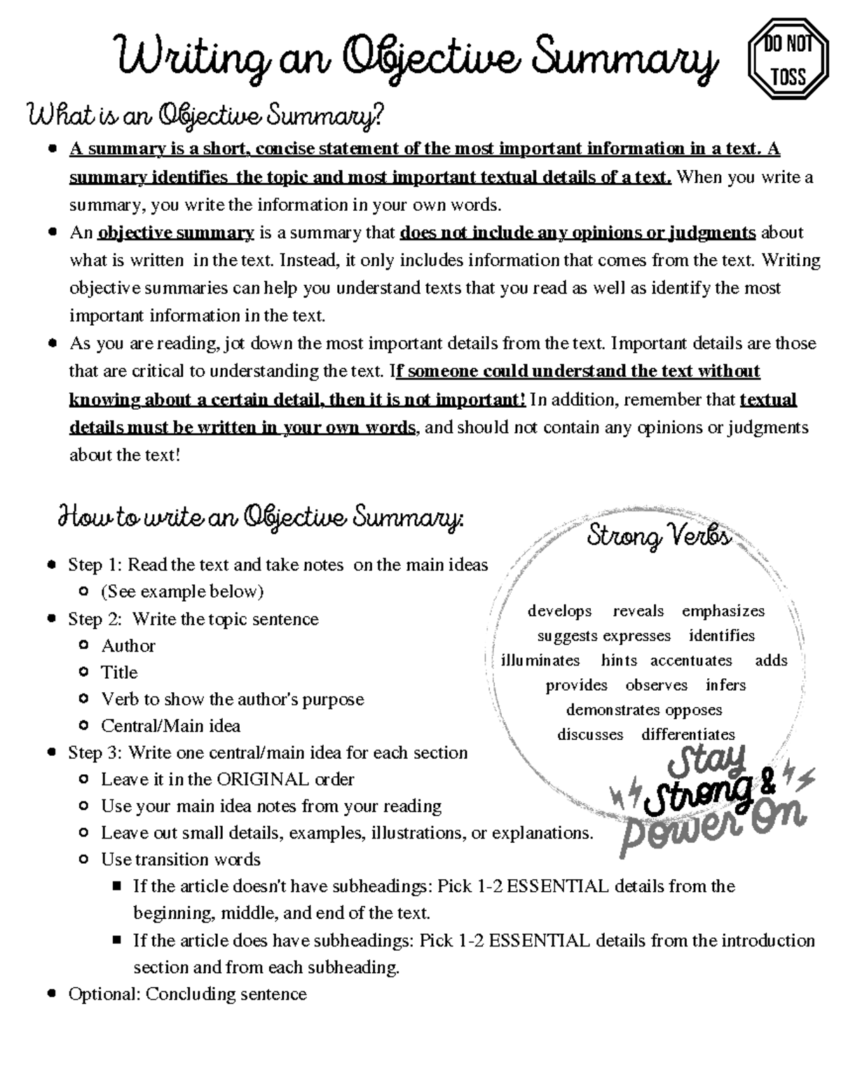 Writing An Objective Summary Handout Step 1 Read The Text And Take 