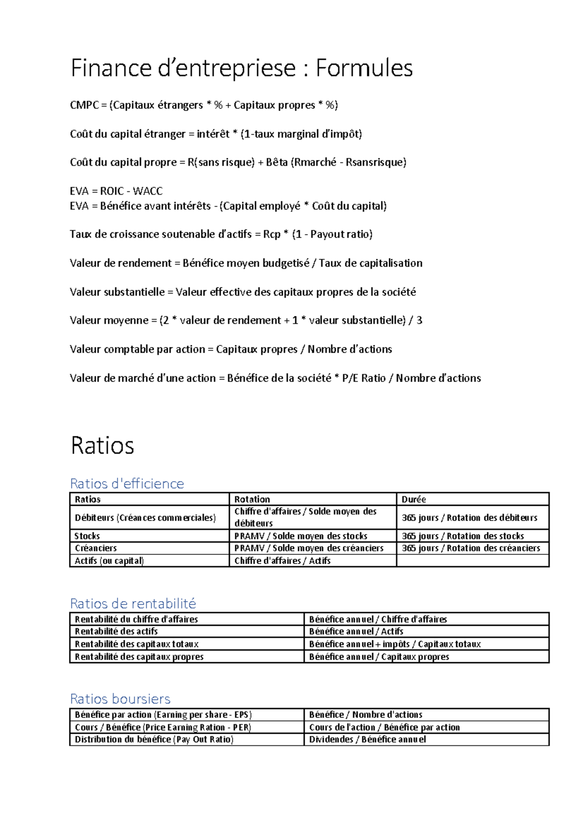 Finance d'entreprise - Formules & Ratios - Warning: TT: undefined function: 32 Finance d ...