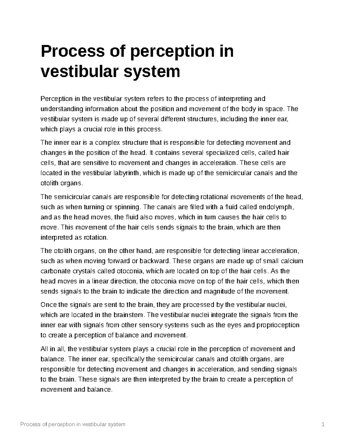 Process of perception in vestibular system - The vestibular system is ...