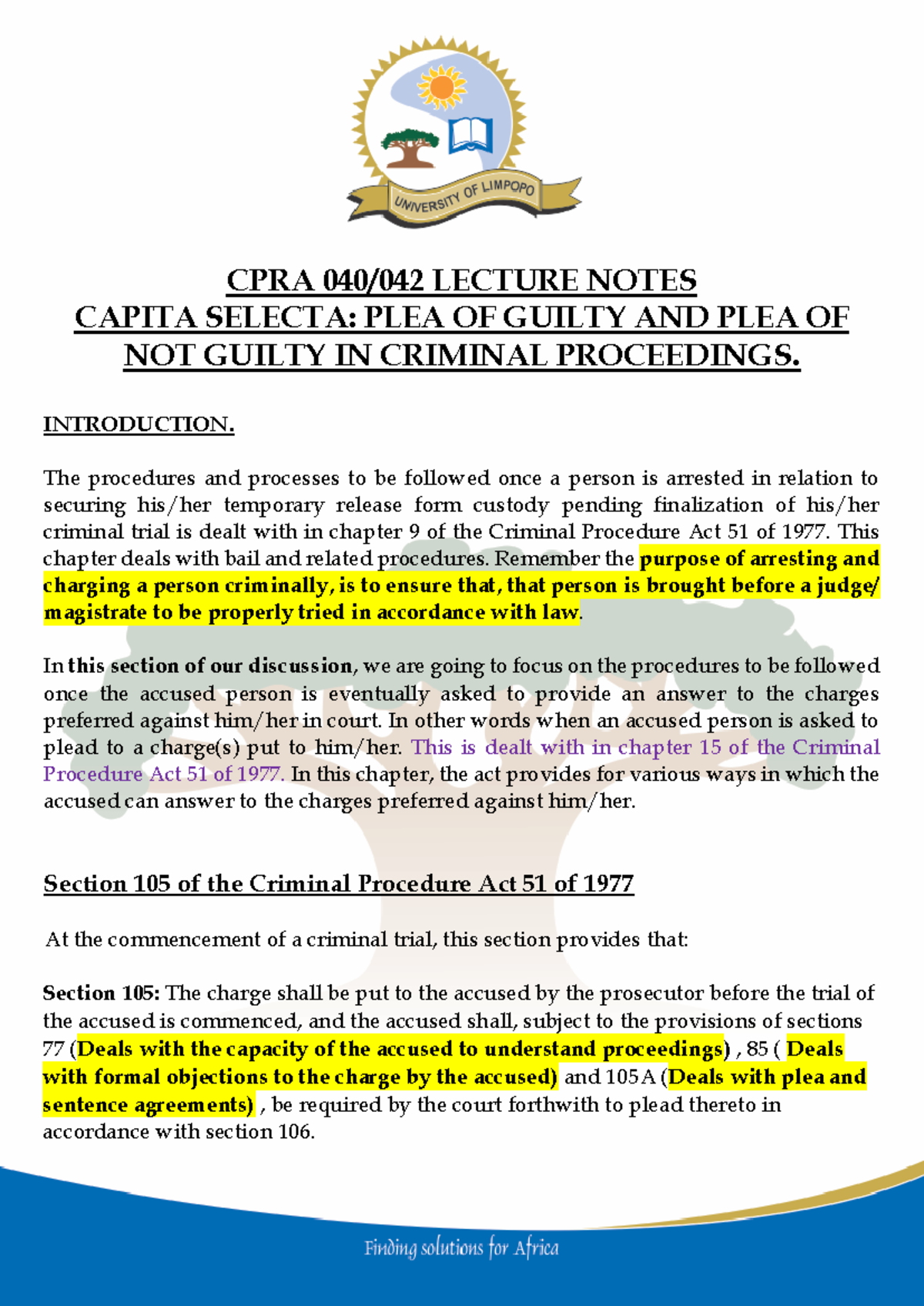Lecture Notes Capita Selecta PLEA OF Guilty AND NOT Guilty 2023 - CPRA ...