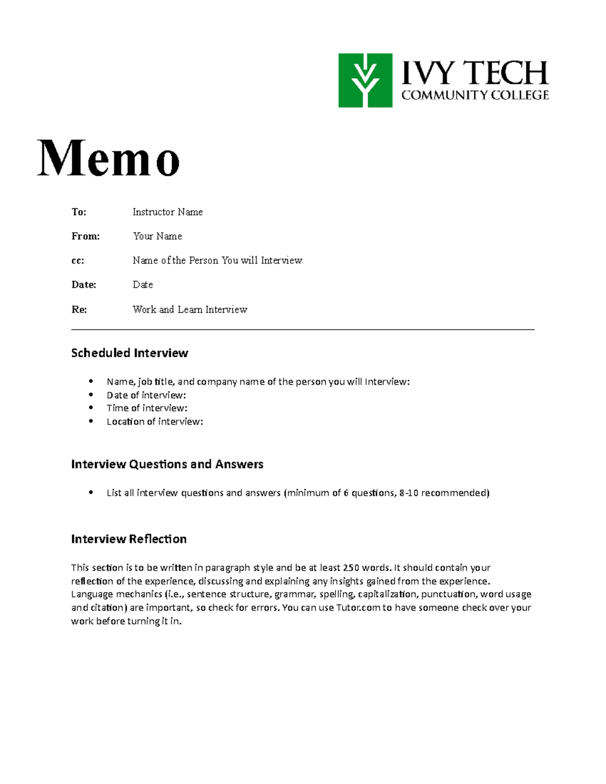 Ivy Tech Interview Memo Template-4 - Memo To: Instructor Name From: Your Name cc: Name of the ...