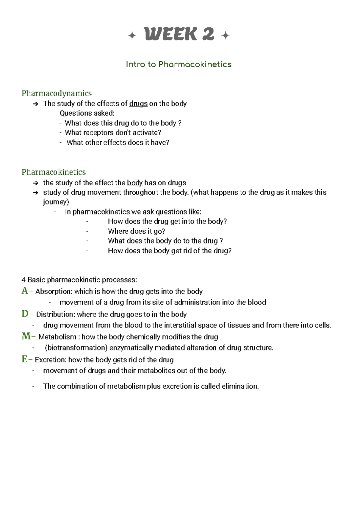 Pharma Notes - WEEK 2 Intro to Pharmacokinetics Pharmacodynamics The ...