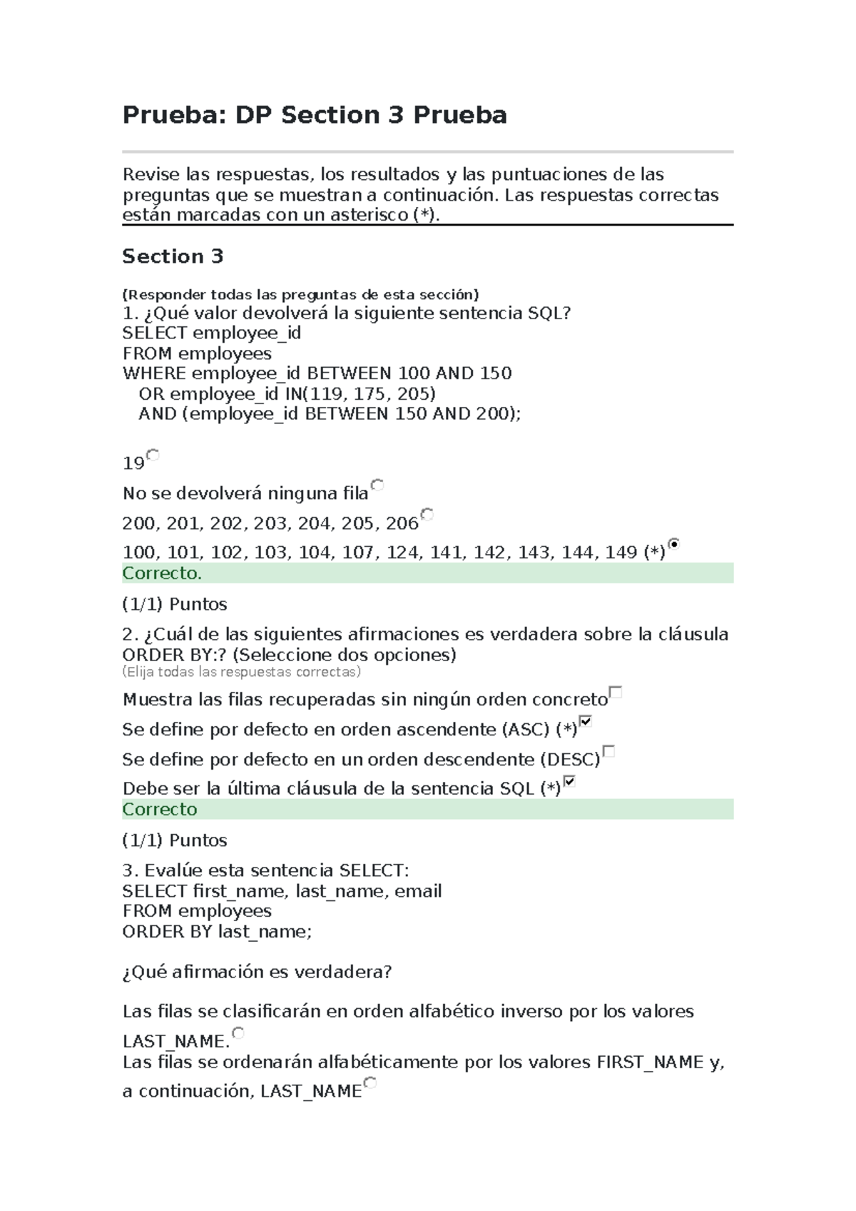 Prueba - Modulo 3 - Oracle - Prueba: DP Section 3 Prueba Revise las respuestas, los resultados y ...