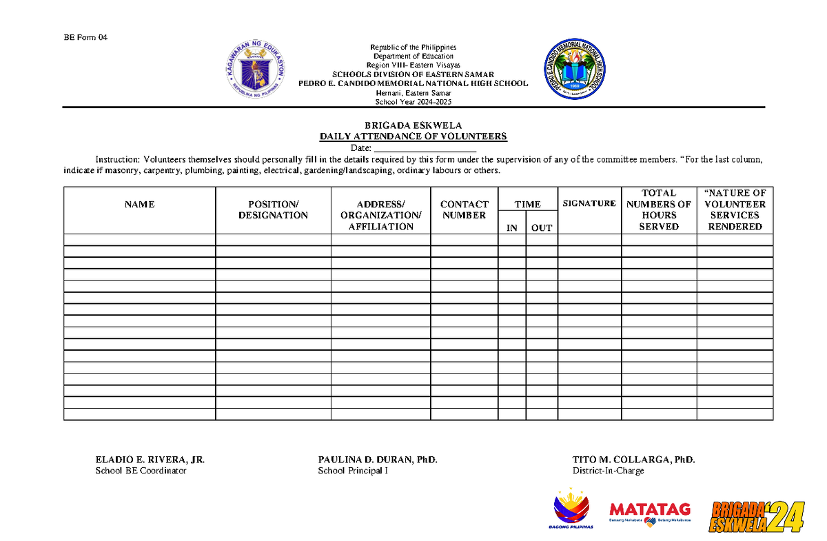 Brigada- Eskwela- Attendance - BE Form 04 Republic of the Philippines ...