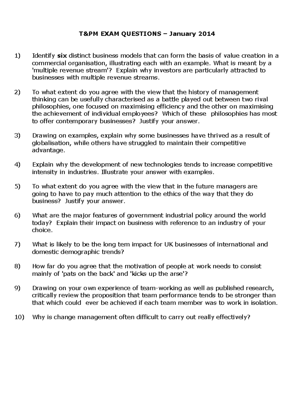 Exam May 2014, questions - EXAM QUESTIONS January 2014 1) Identify six ...