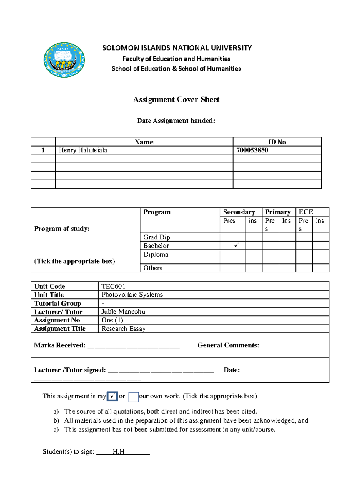 Assignment one (1) - SOLOMON ISLANDS NATIONAL UNIVERSITY Faculty of ...