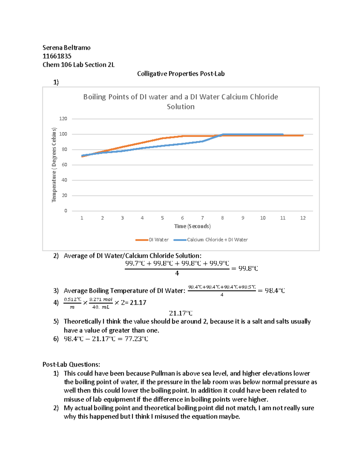 Colligative properties lab report - Serena Beltramo 11661835 Chem 106 ...