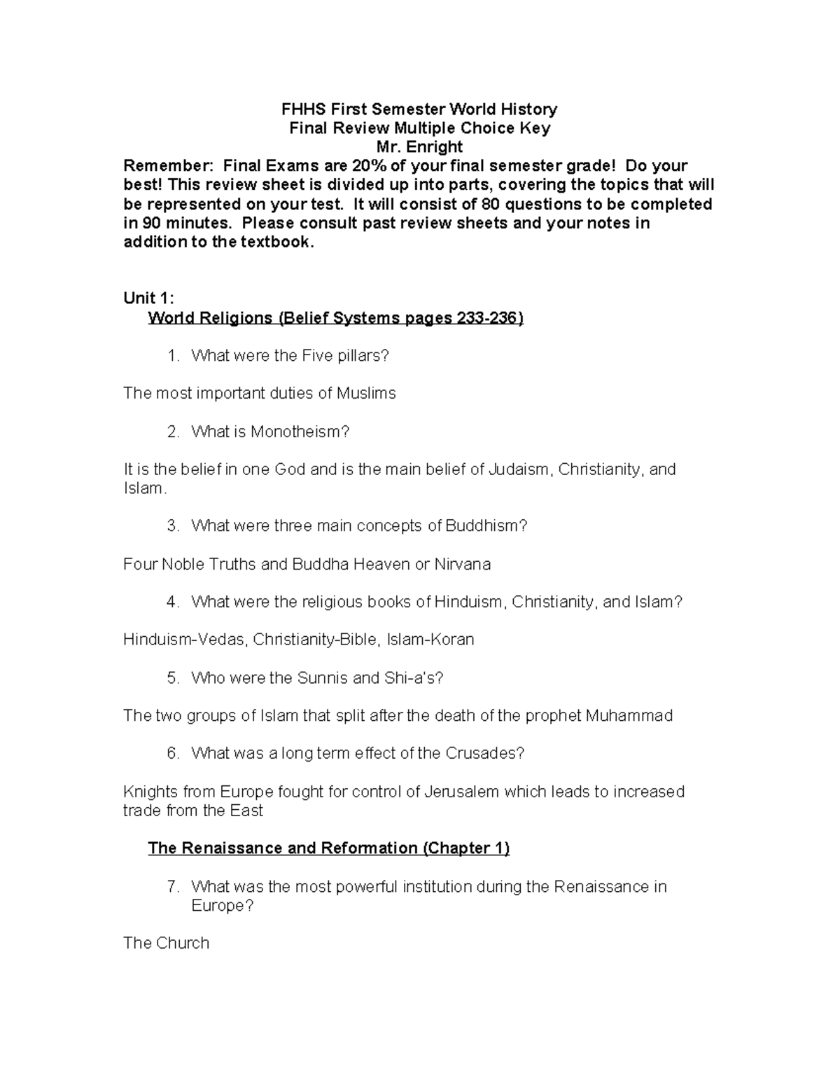 World History Semester 1 Final Review KEY - FHHS First Semester World ...