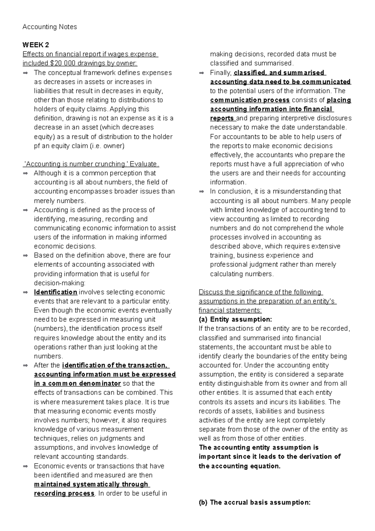 Accounting notes - Accounting Notes WEEK 2 Effects on financial report ...