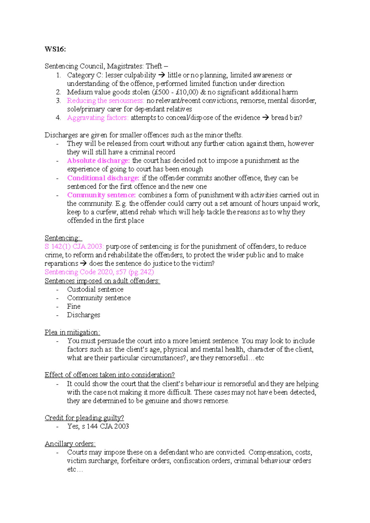 WS16 - Sentencing notes and some brief prep work notes - WS16 ...
