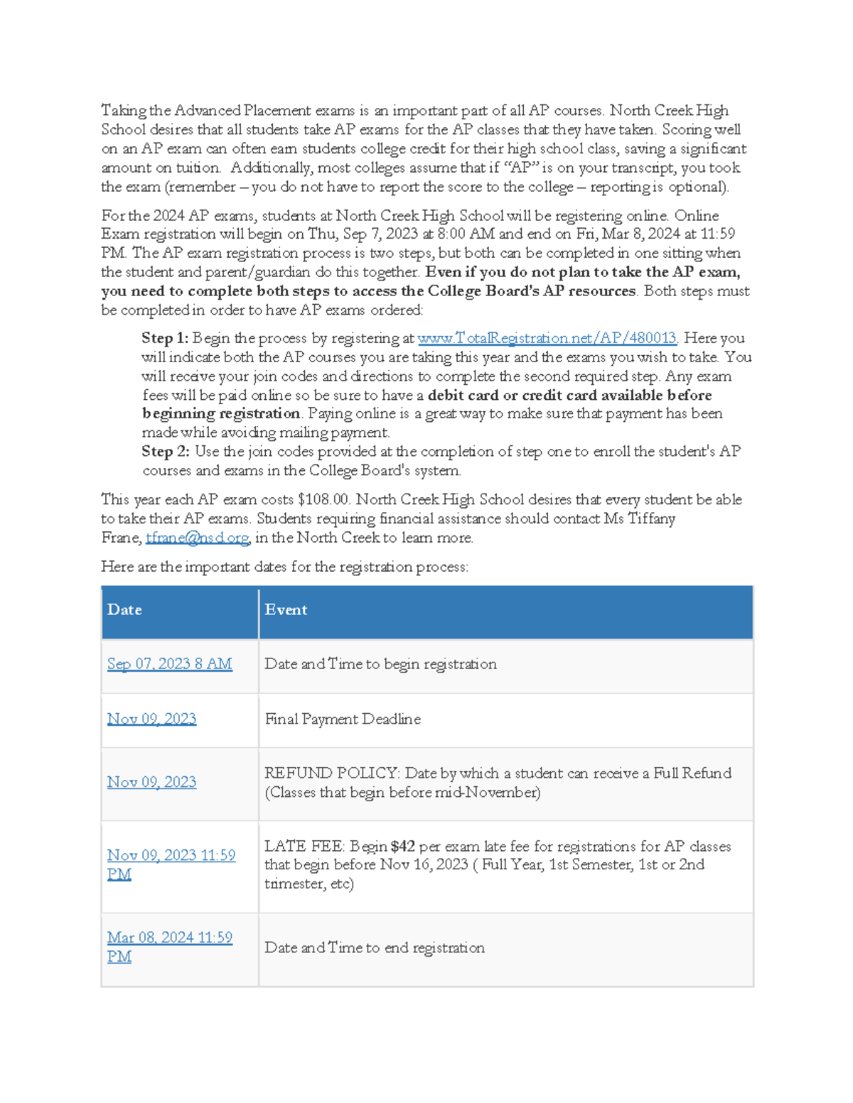 AP Exam Registration Letter 2023 - Taking the Advanced Placement exams ...