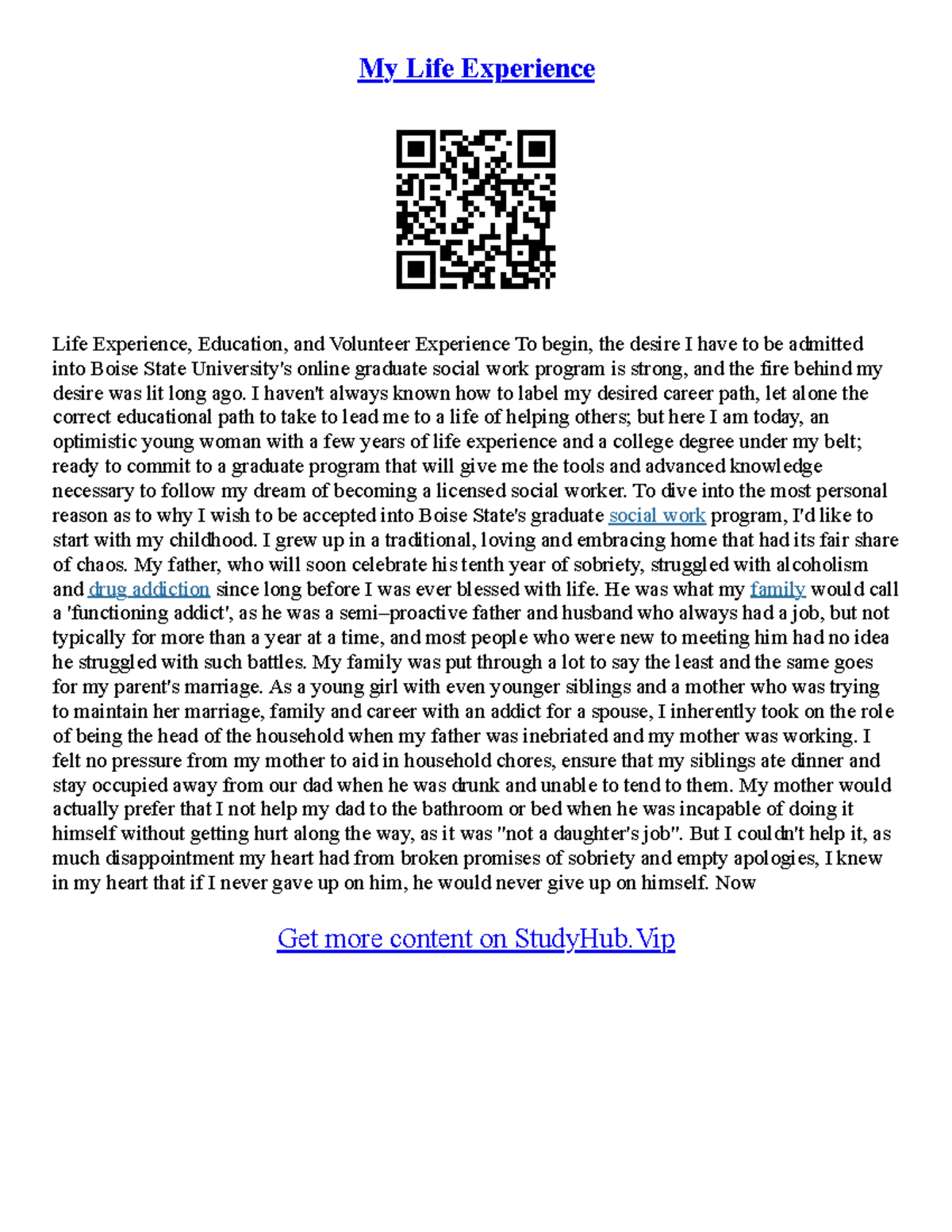 Life Experience Essay - My Life Experience Life Experience, Education ...