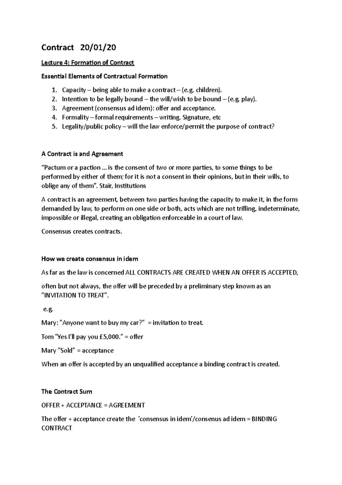Lecture 4 Formation of Contract - Contract 20/01/ Lecture 4: Formaion ...