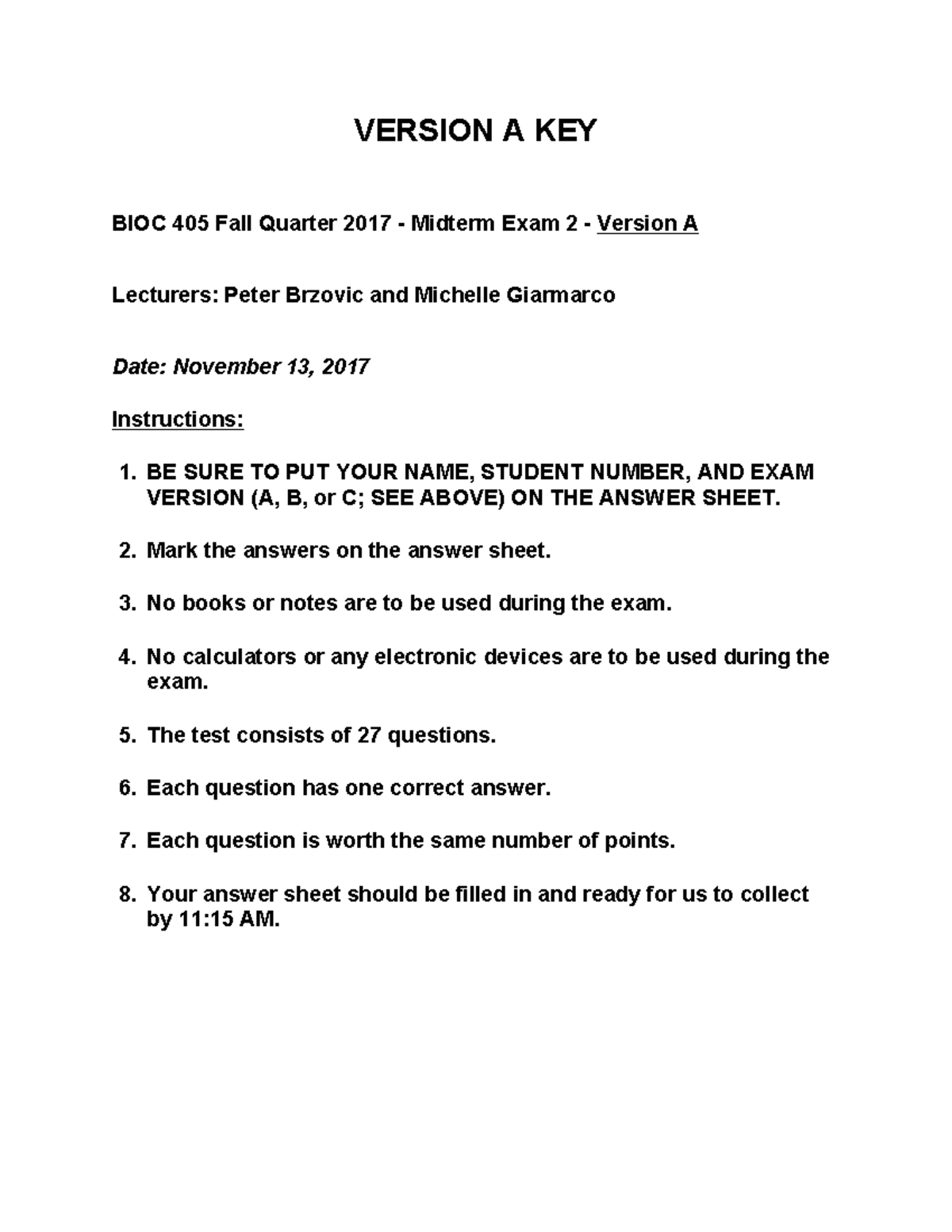 Bioc405 exam2 2017 Final A KEY - VERSION A KEY BIOC 405 Fall Quarter ...