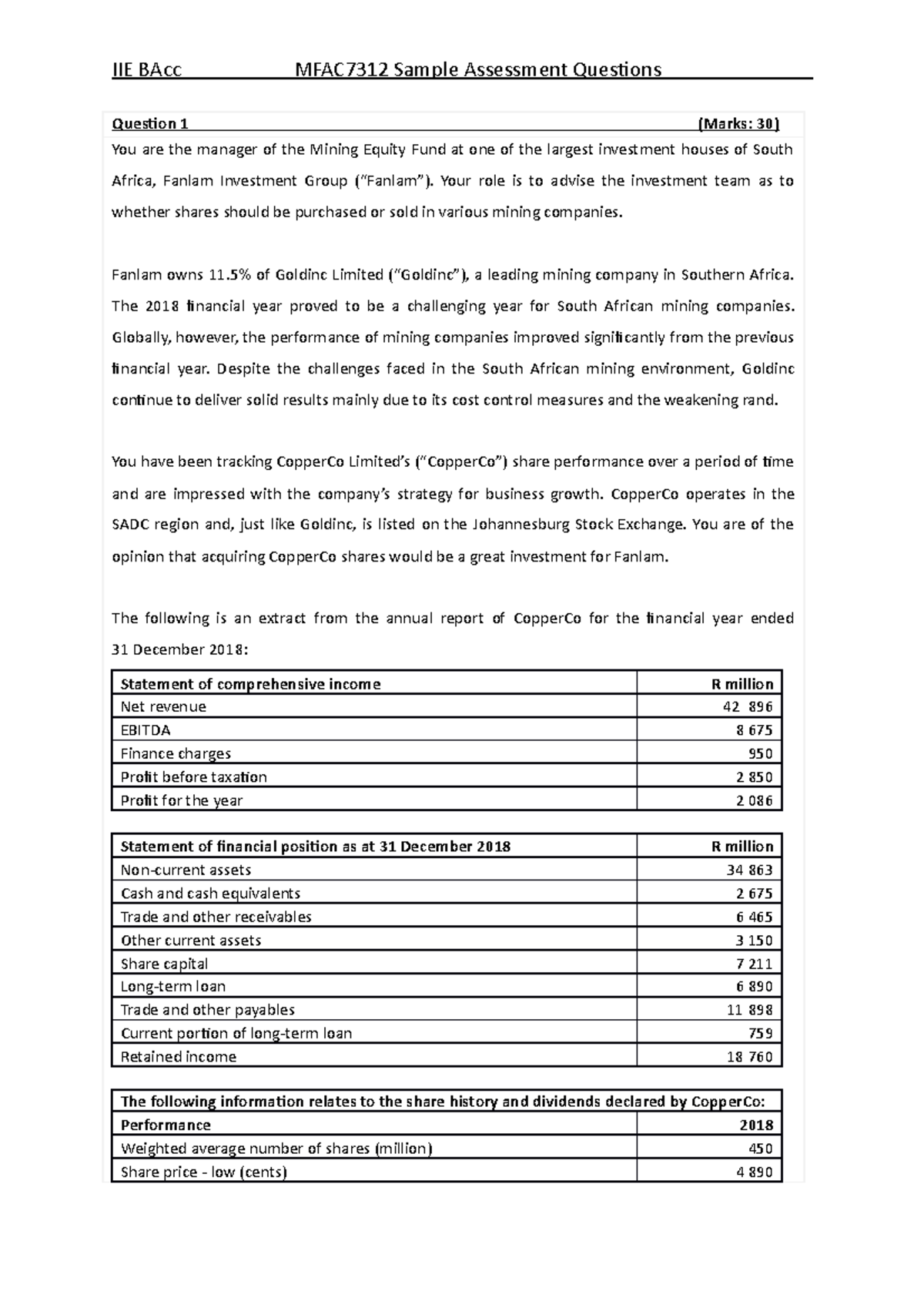 SAQ Fanlam - basic material - IIE BAcc MFAC7312 Sample Assessment Questions Question 1 (Marks ...