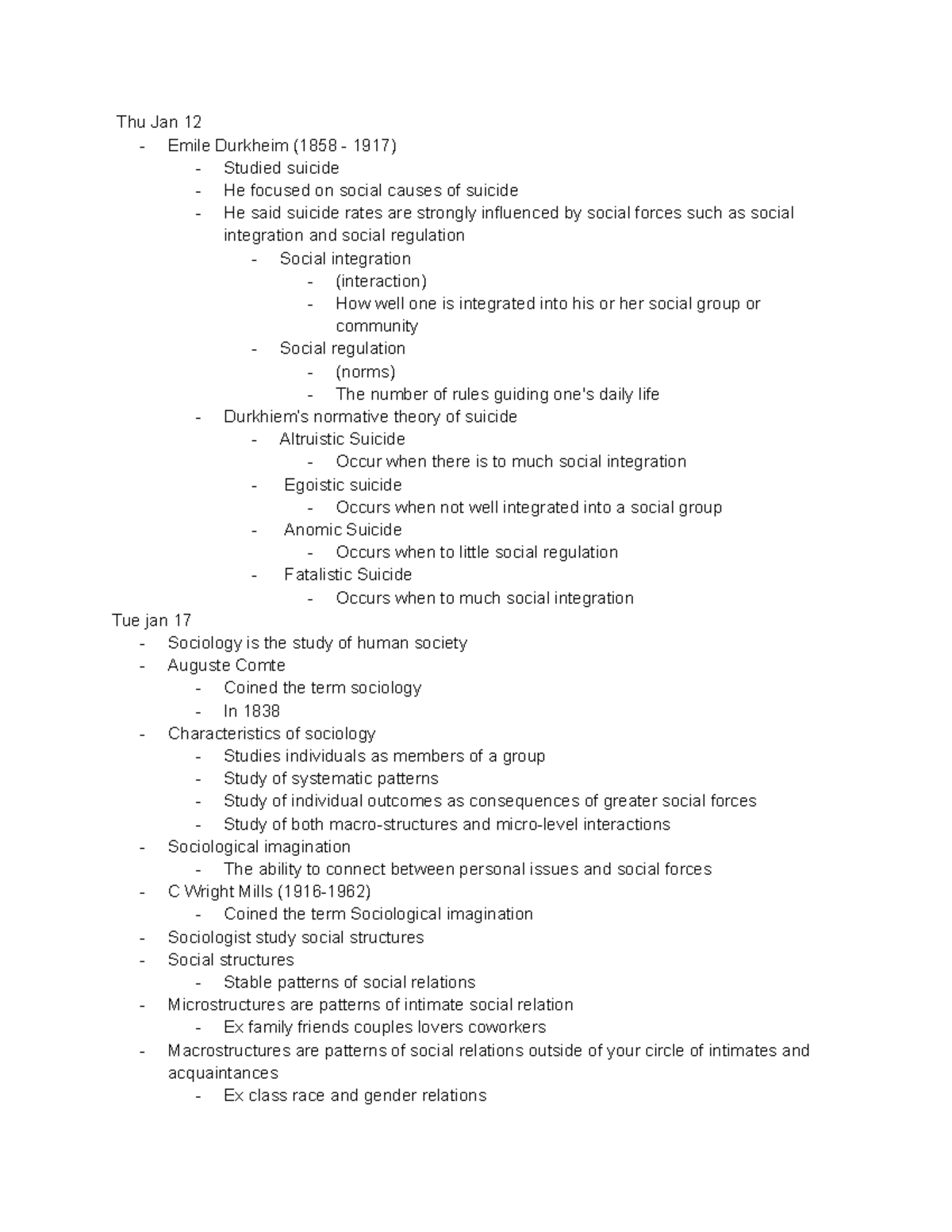 Soc 100 - Gong lecture notes - Thu Jan 12 - Emile Durkheim (1858 - 1917 ...