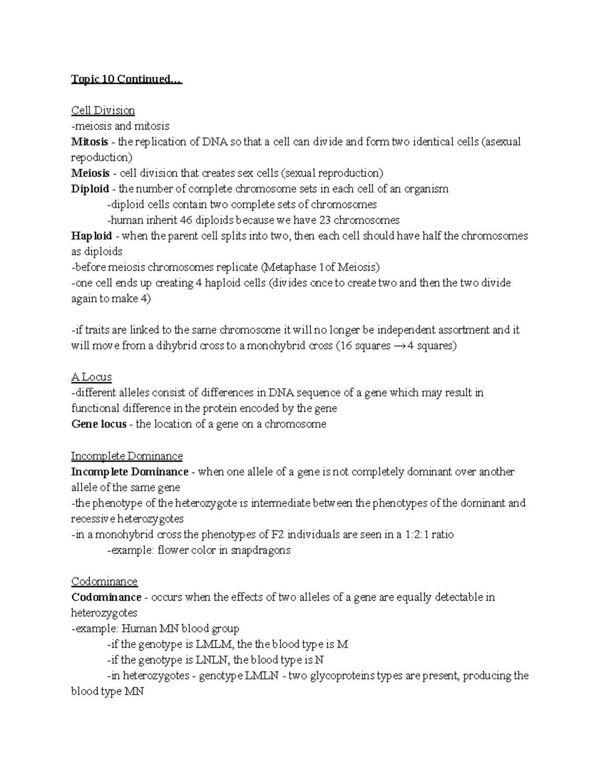 BIO 1107 Lecture 22 - Topic 10 Continued... Cell Division -meiosis and ...