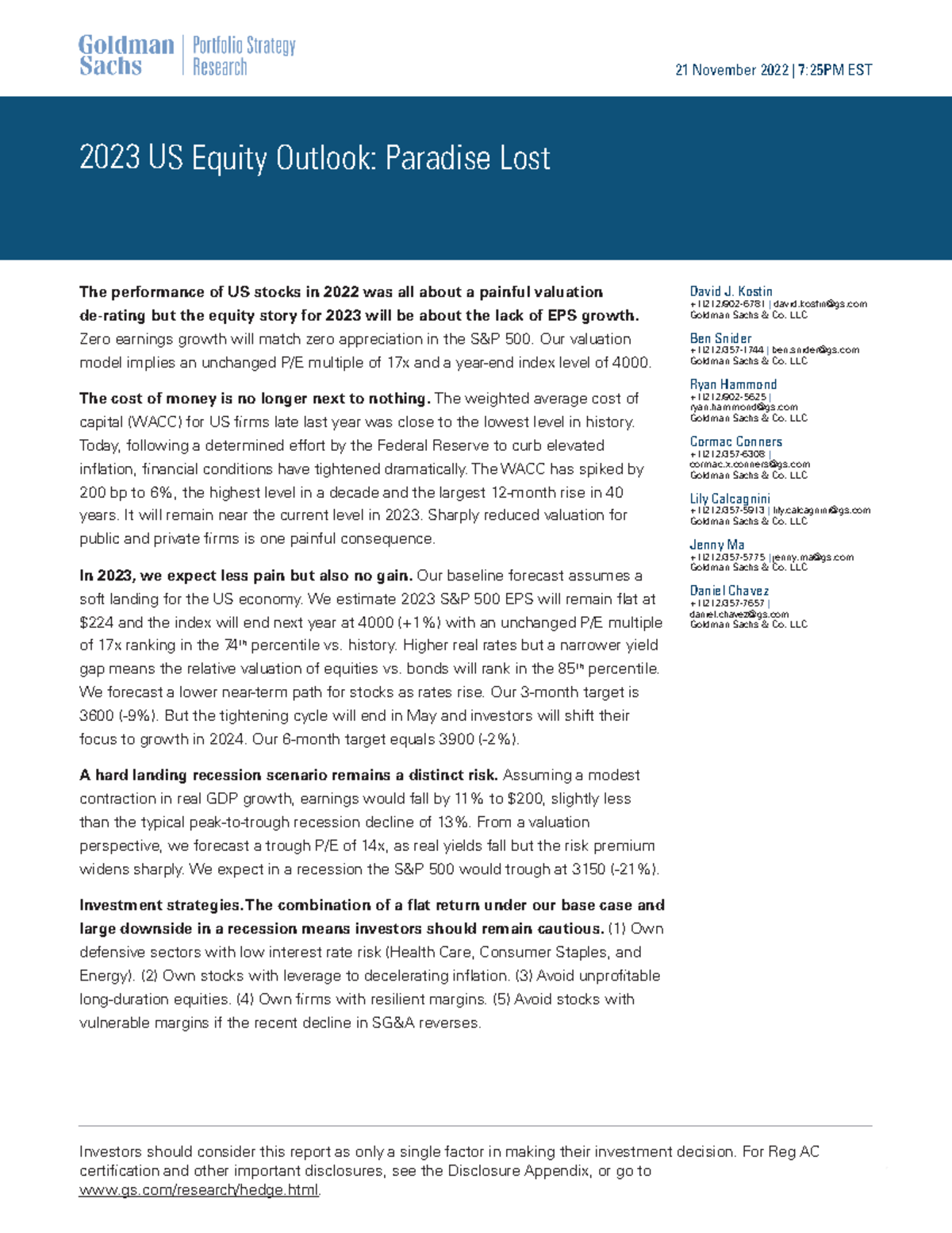 2023 US Equity Outlook Paradise Lost - The performance of US stocks in ...