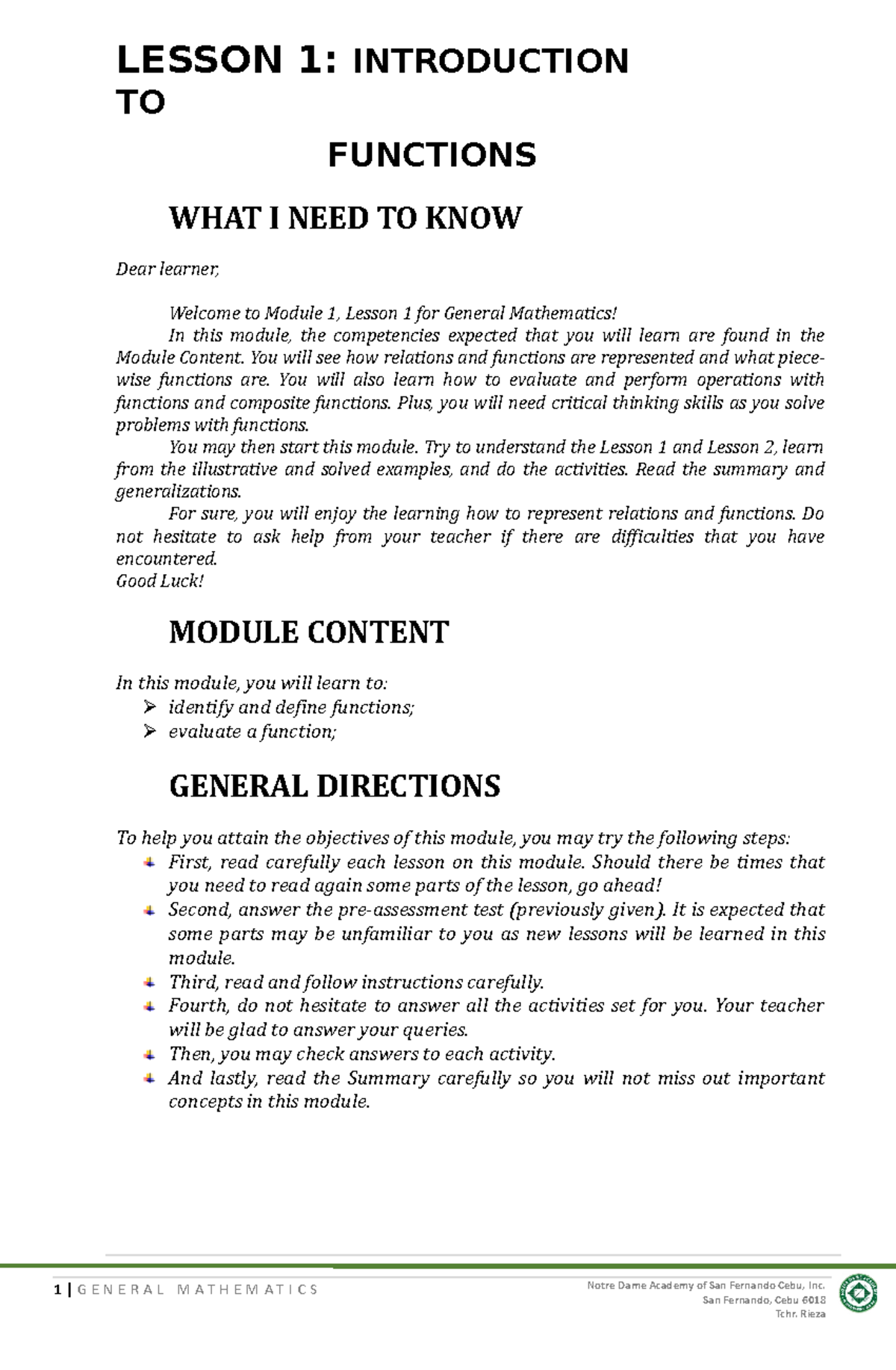 1. General Mathematics Functions AND Their Graph - LESSON 1 FUNCTIONS 1 ...