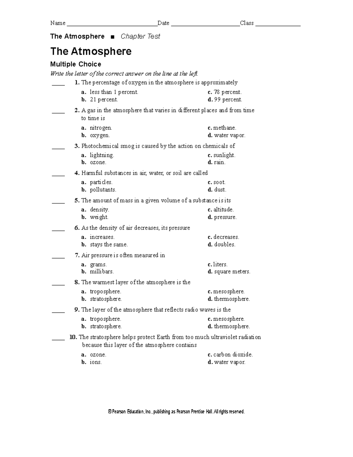 The Atmosphere - test - Name _____________________________Date ...