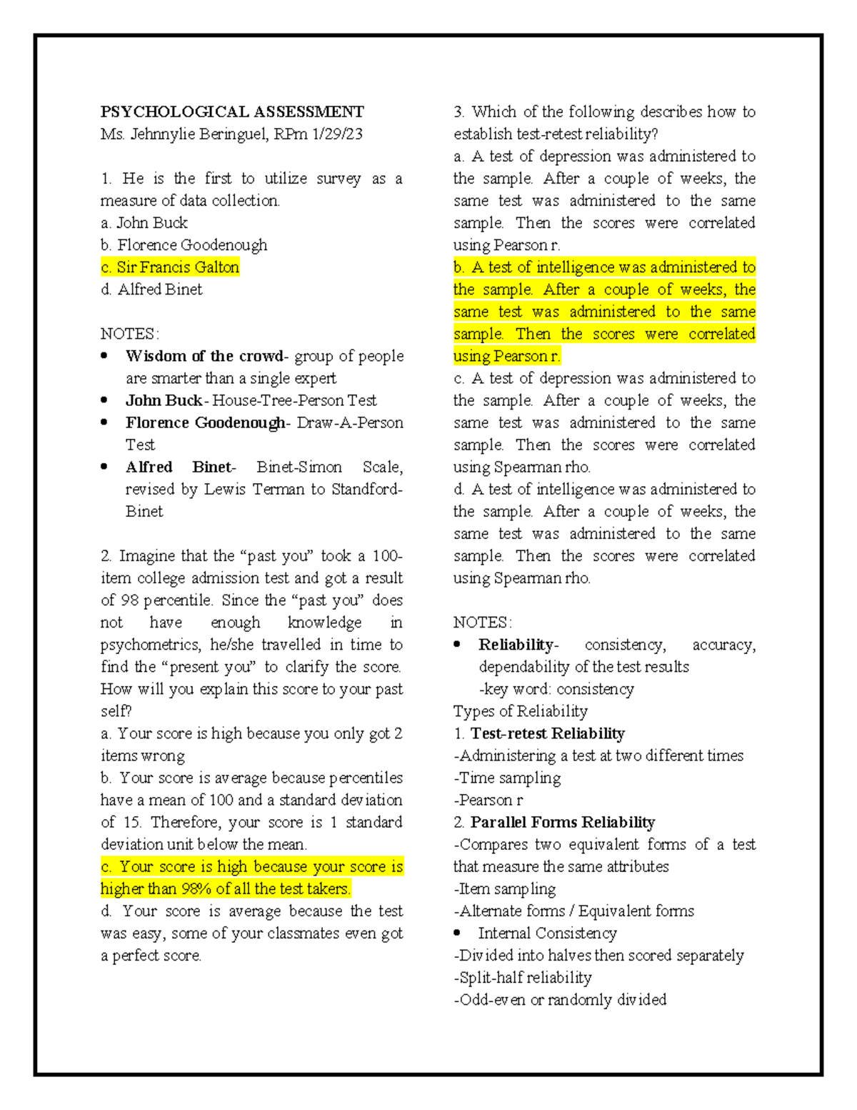 P Sychological- Assessment-1.29.23 - PSYCHOLOGICAL ASSESSMENT Ms. Jehnnylie Beringuel, RPm 1/29 ...
