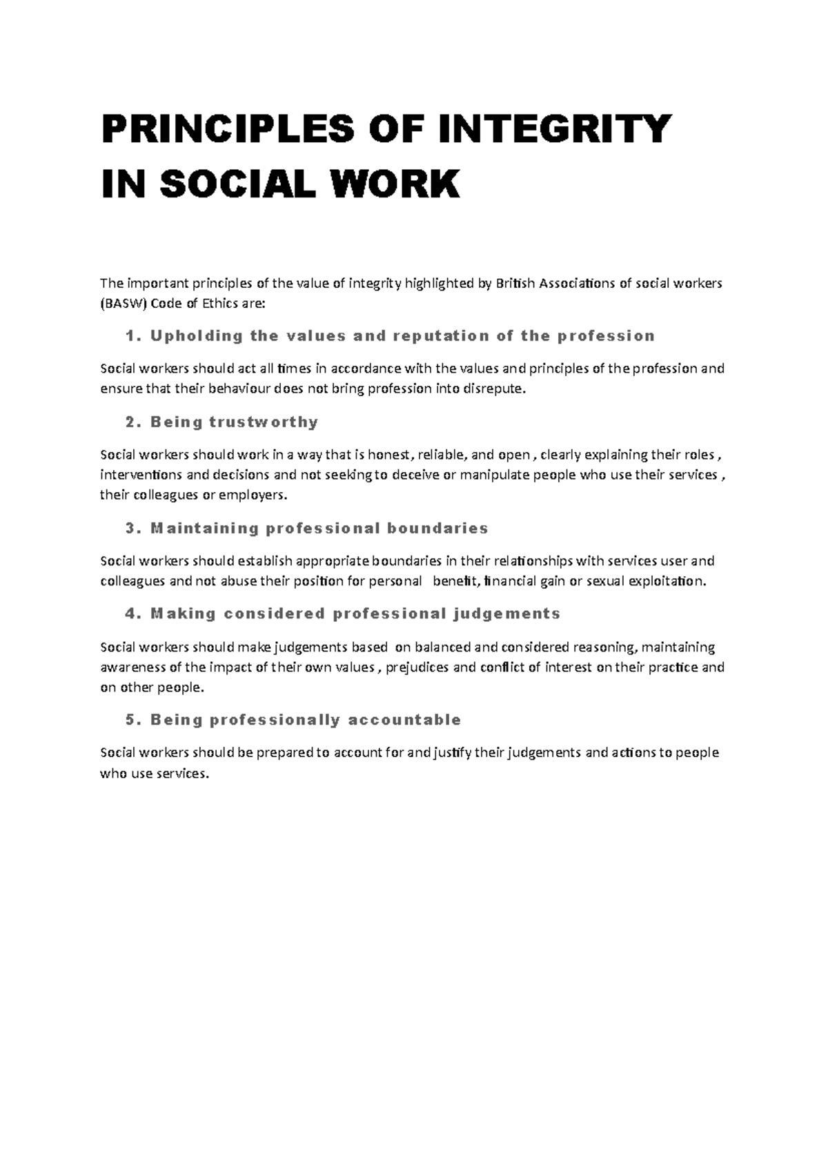 Principles OF Integrity IN Social WORK PRINCIPLES OF INTEGRITY IN