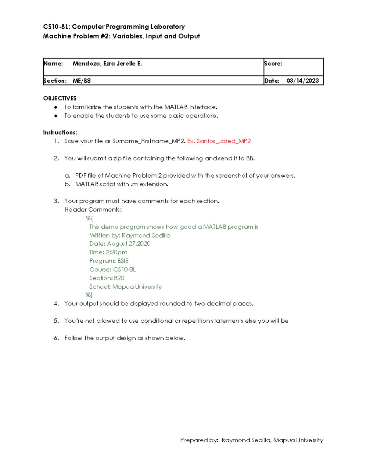 Mendoza Ezra Mp2 Machine Problem 2 Machine Problem 2 Variables Input And Output Name