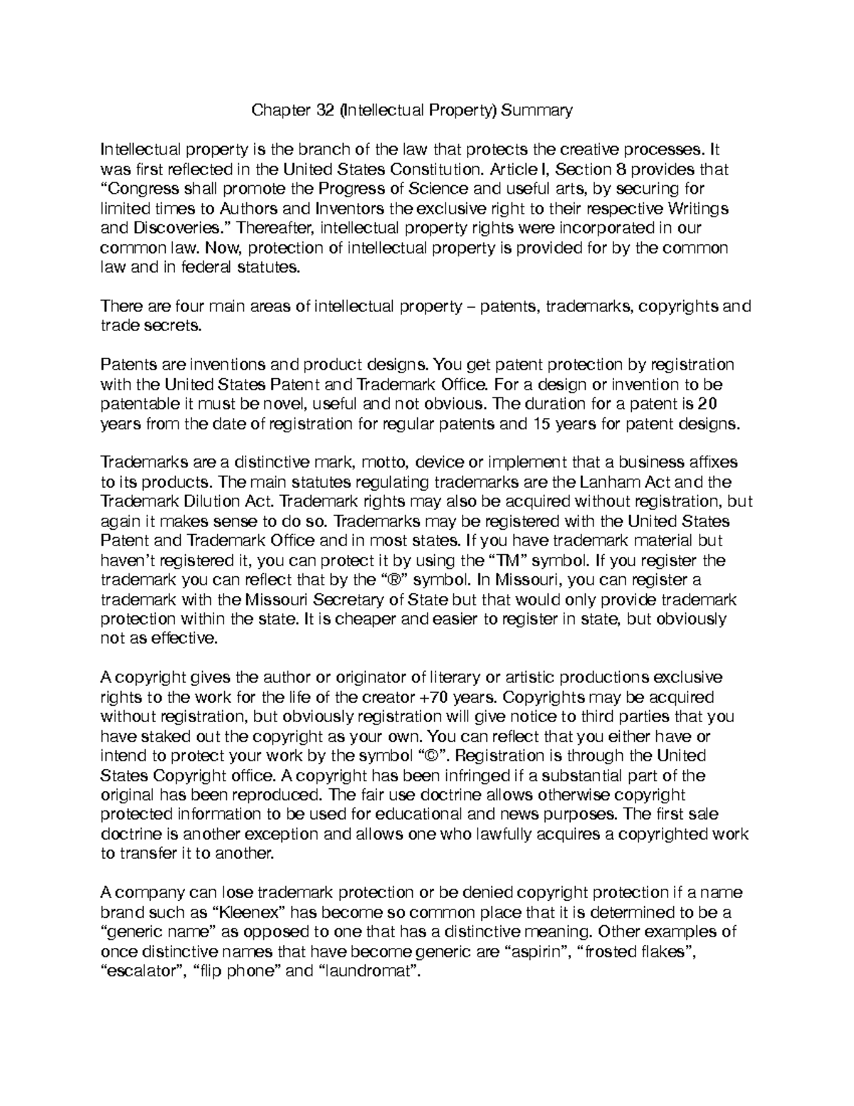 Chapter 32 (Intellectual Property) Summary - Chapter 32 (Intellectual ...