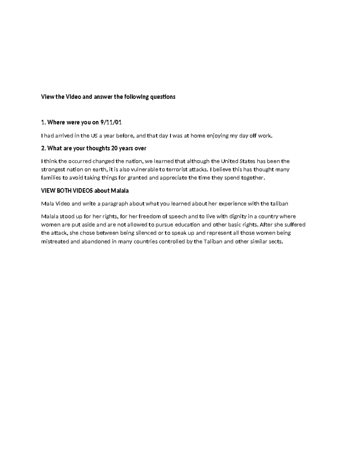 9-11 - Mala - View the Video and answer the following questions Where ...