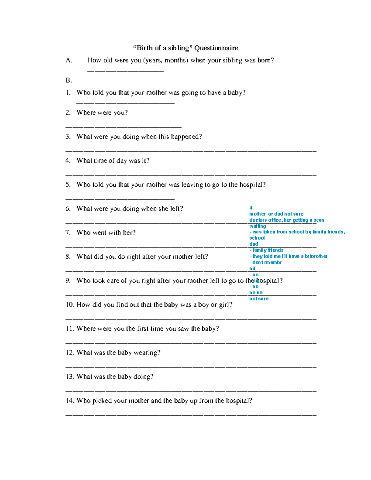 Birth of a Sibling questionnaire