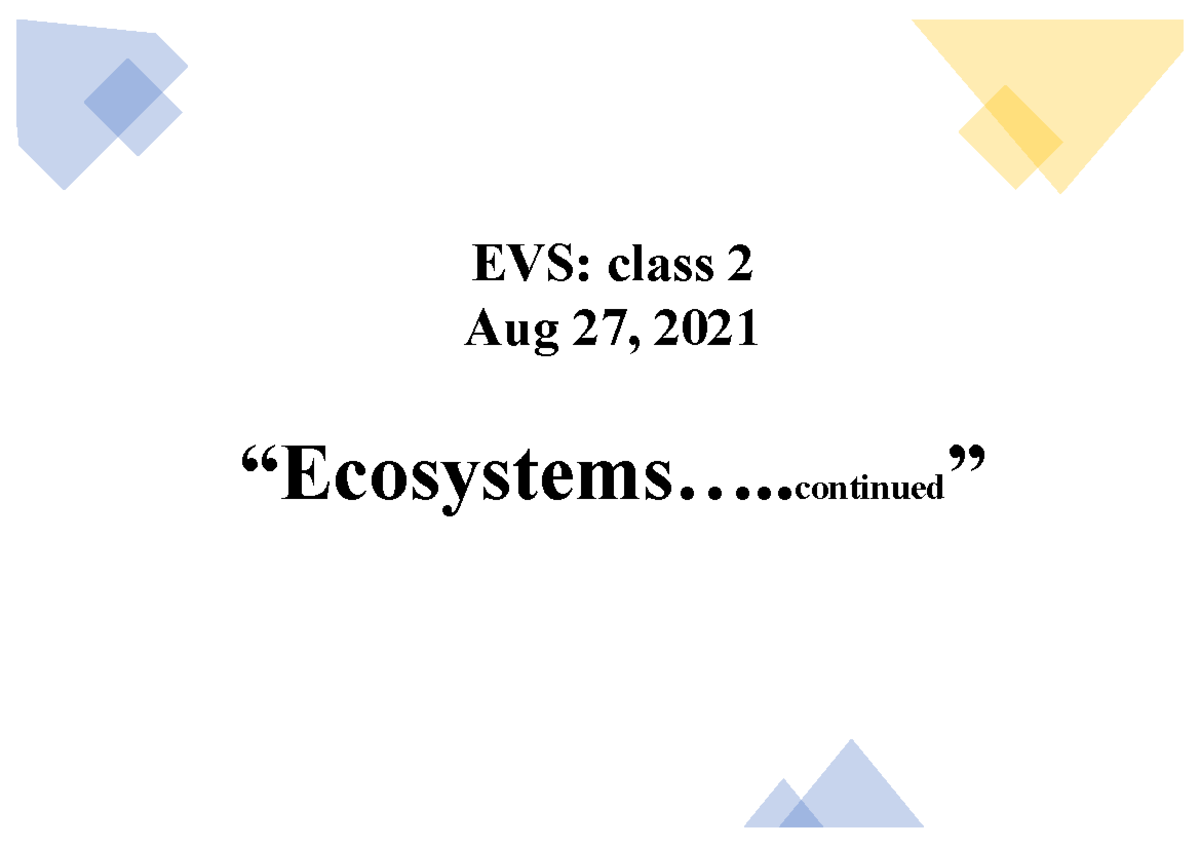 Class 2-EVS - EVS: class 2 Aug 27, 2021 “Ecosystems....” Food Chains ...