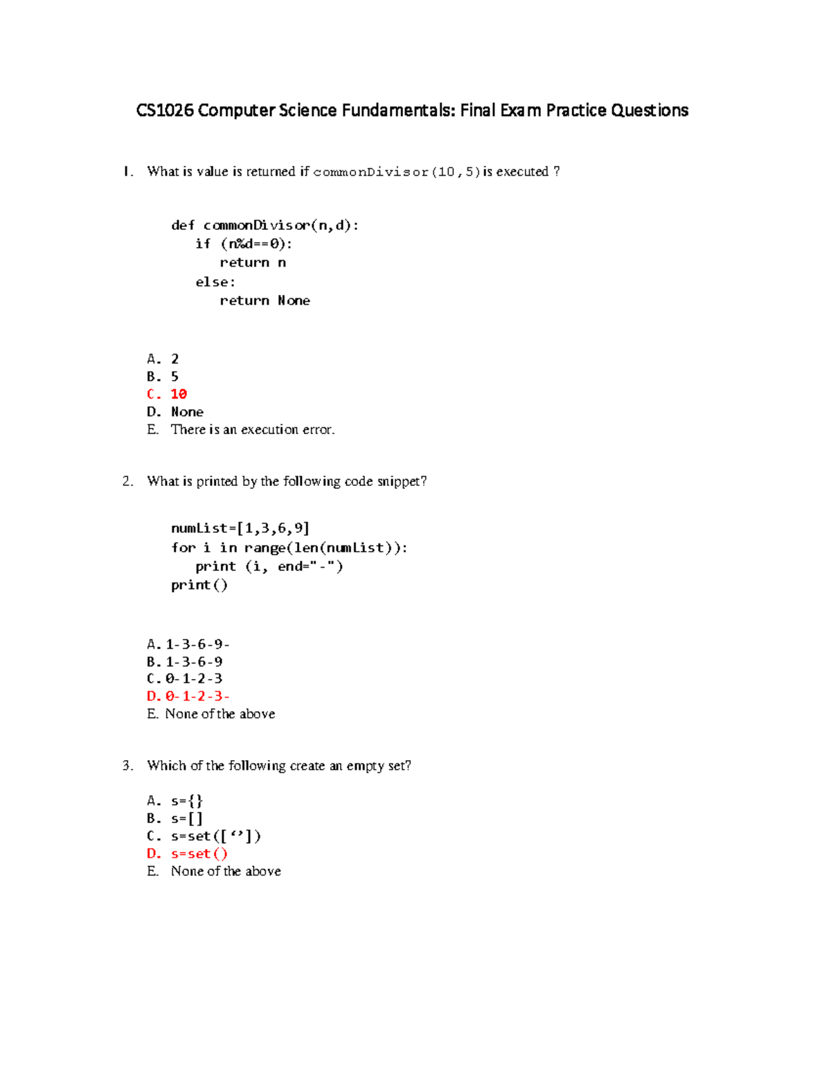 Review Problems for Final - Solutions - CS 1026 Computer Science Fundamentals: Final Exam ...