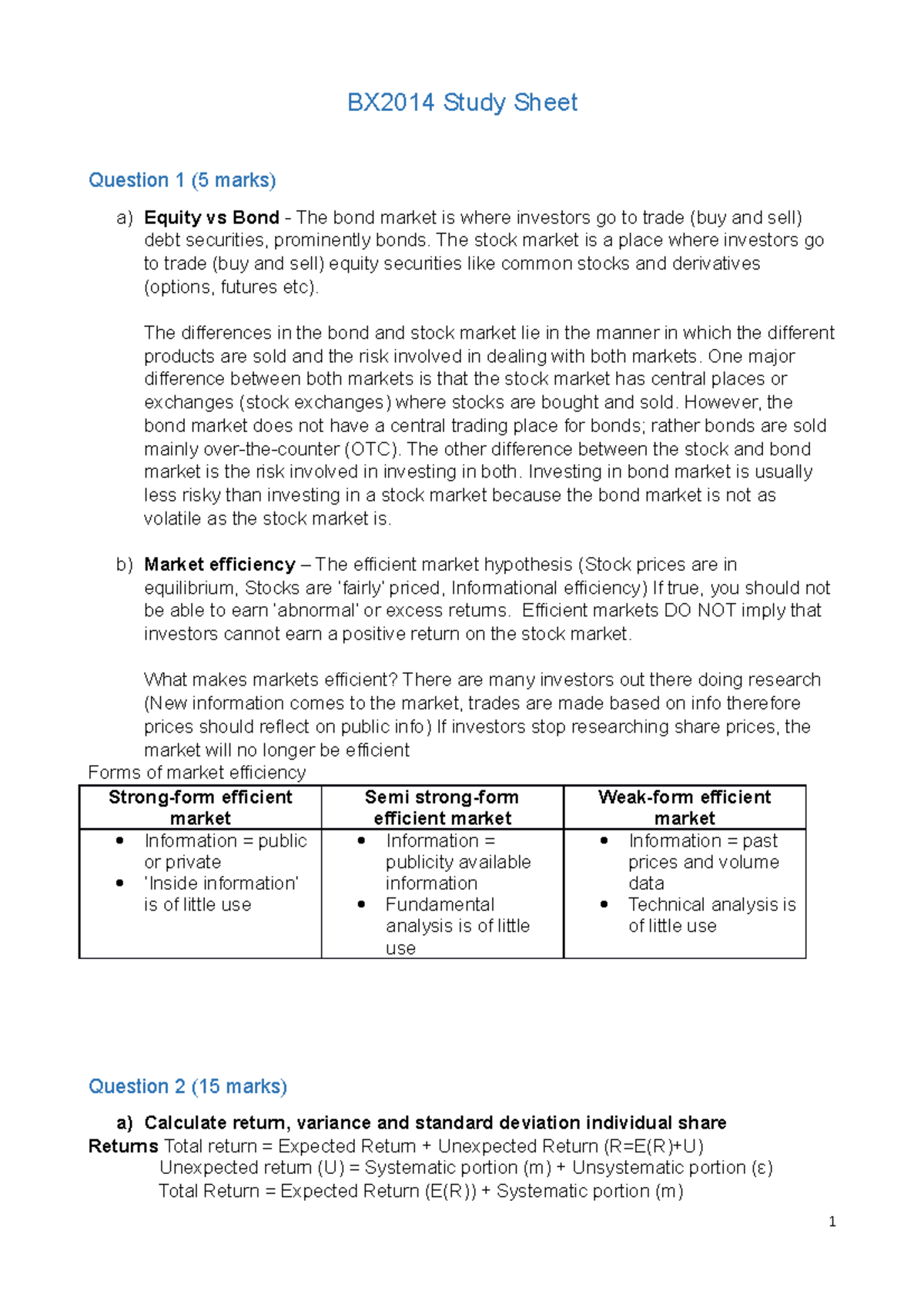 BX2014 Study Sheet - Study notes for the exam, the topics of the ...